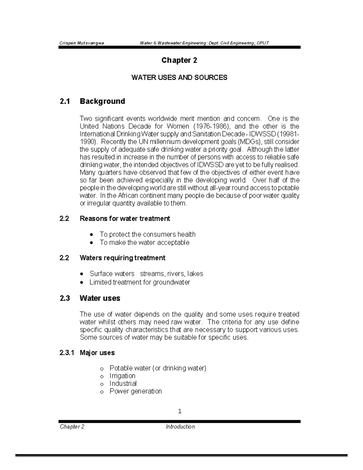 Chapter 2 Water uses and sources Jan 2023 - 1 Chapter 2 WATER USES AND ...