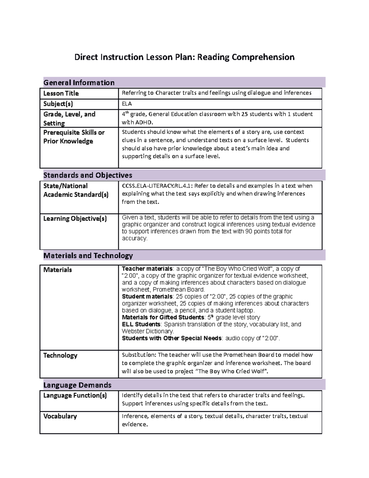 Task 1 C909 - Passed - Direct Instruction Lesson Plan: Reading Comprehension General Information ...