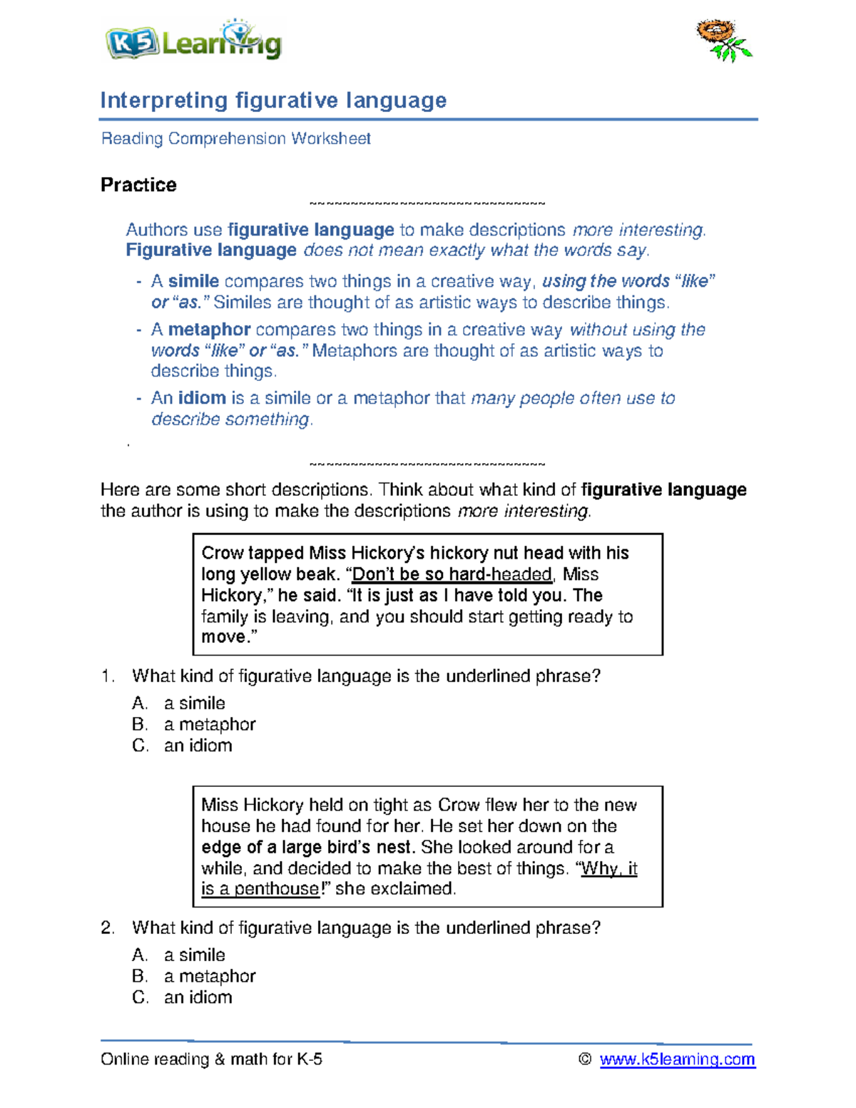 Grade 5 metaphors similes a - Online reading & math for K-5 ...