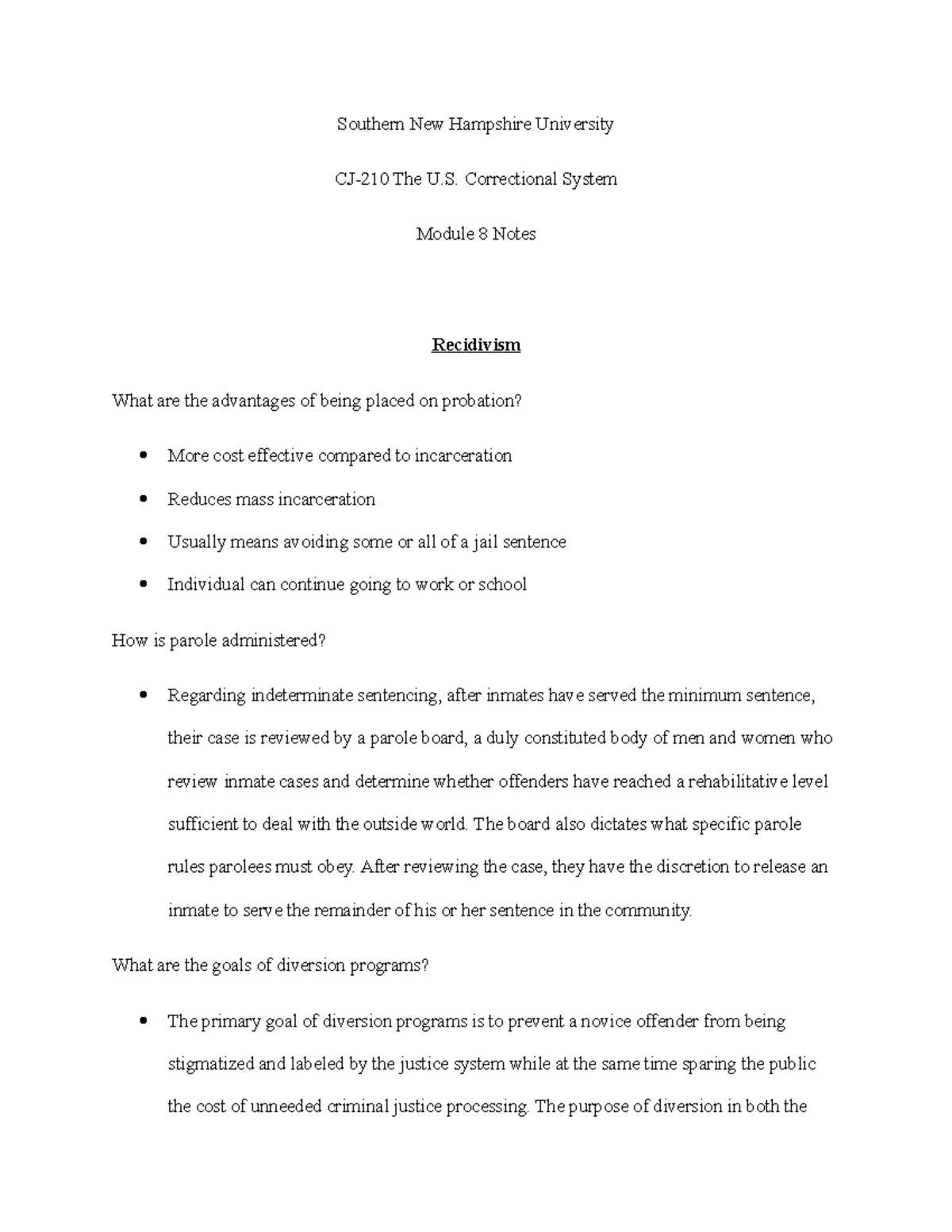 CJ 210 Module 8 Notes - Southern New Hampshire University CJ-210 The U ...