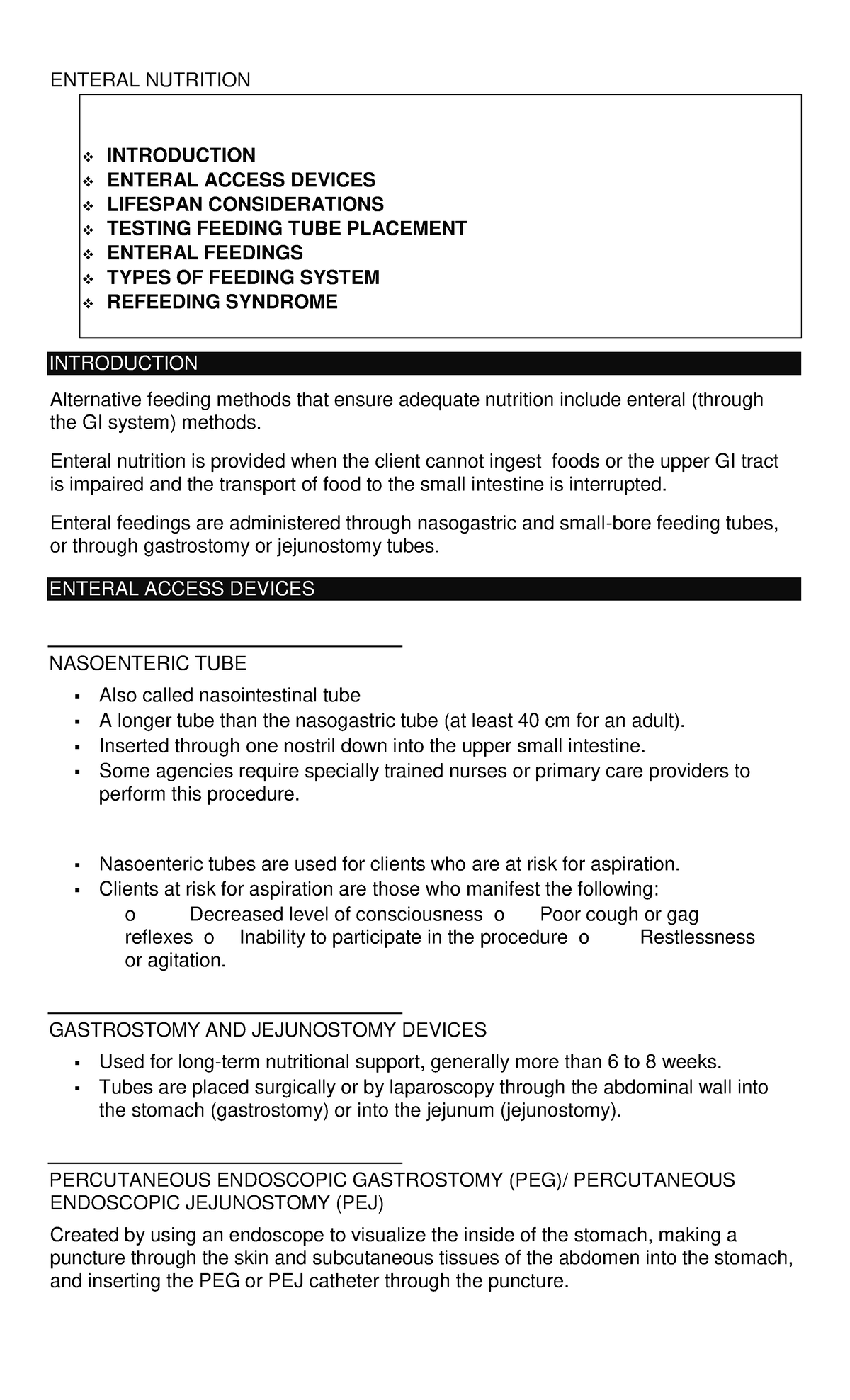 Enteral Nutrition - summary - ENTERAL NUTRITION Course Outline ...