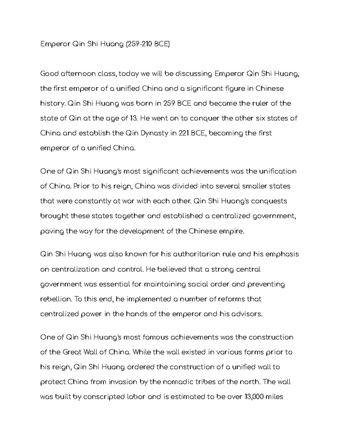 Emperor Qin Shi Huang (259-210 BCE) - Qin Shi Huang was born in 259 BCE ...