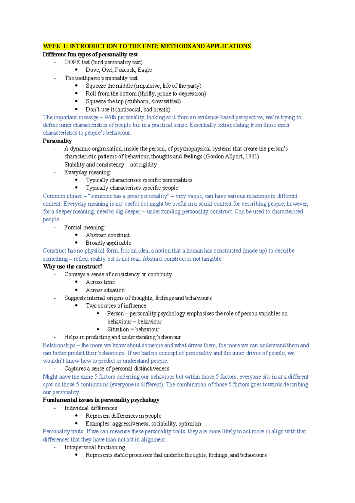 WEEK 1 - lecture notes - WEEK 1: INTRODUCTION TO THE UNIT; METHODS AND ...