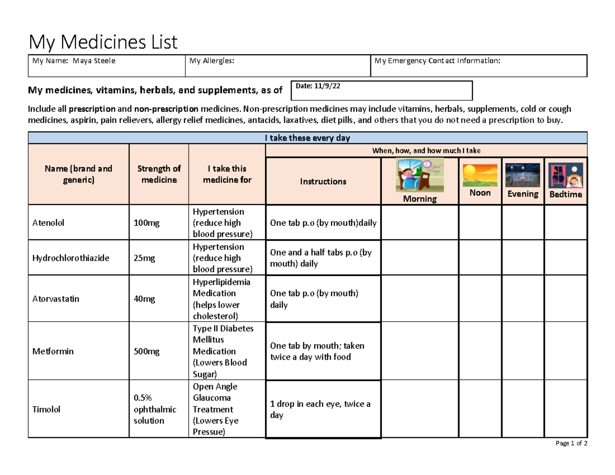 PILL Reminder - simulation lab - Page 1 of 2 My Medicines List My Name ...