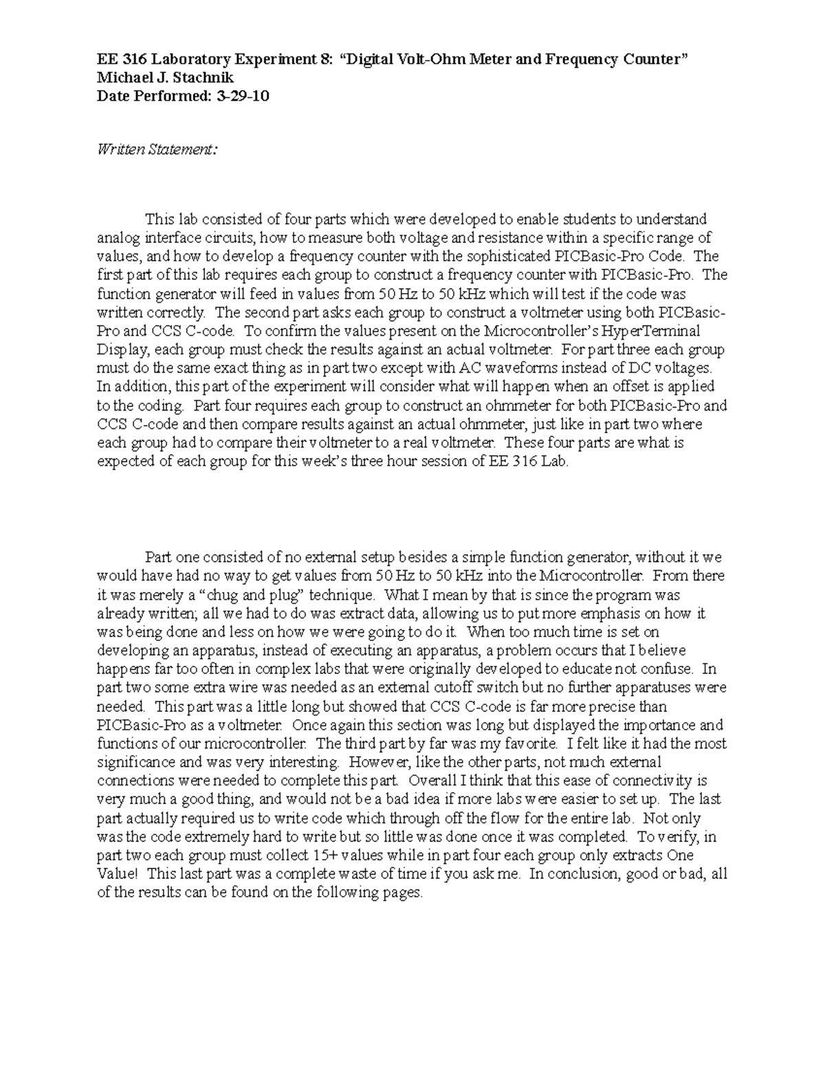 Lab 8 - Lab 8 - EE 316 Laboratory Experiment 8: “Digital Volt-Ohm Meter ...