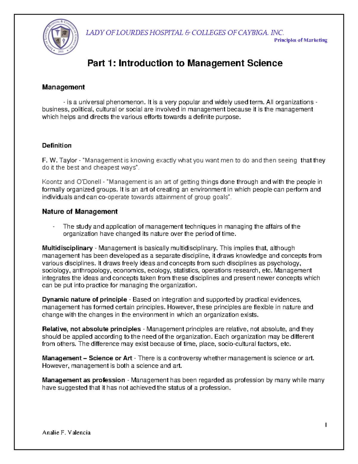 Management Science. part 1 - Principles of Marketing 1 Part 1 ...