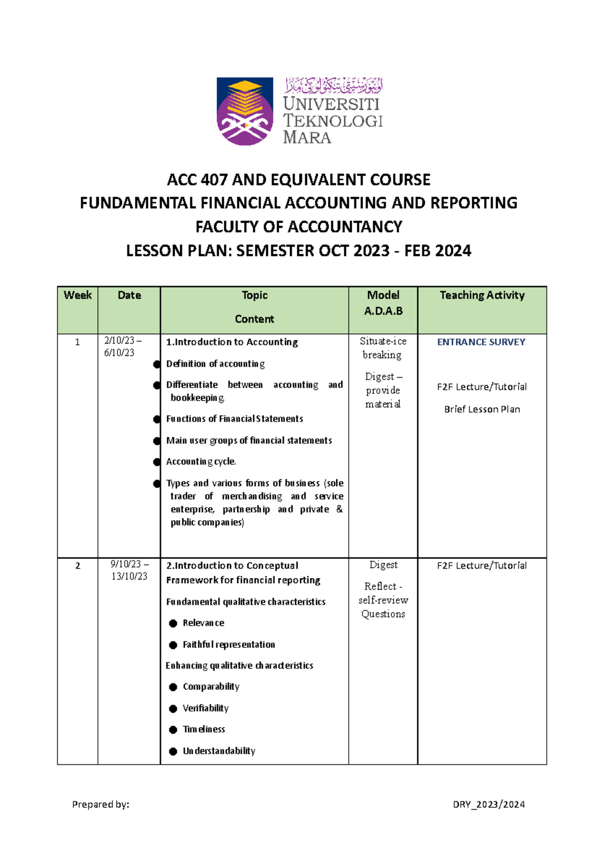 ACC407 Lesson PLAN OCT 23-FEB 24 - ACC 407 AND EQUIVALENT COURSE ...