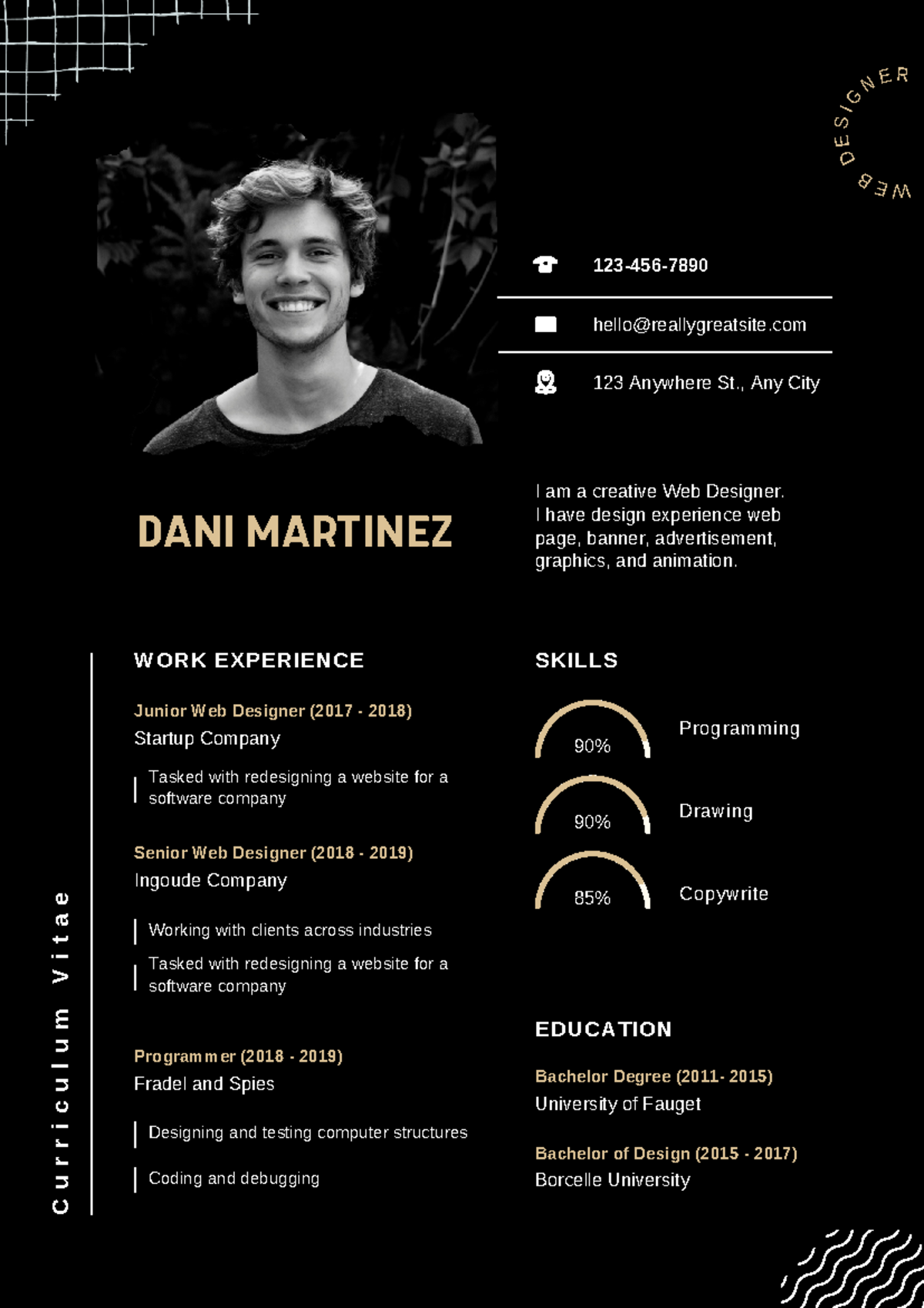 Black CV Web Designer Resume - 90% 90% 85% DANI MARTINEZ 123-456- 123 Anywhere St., Any City ...