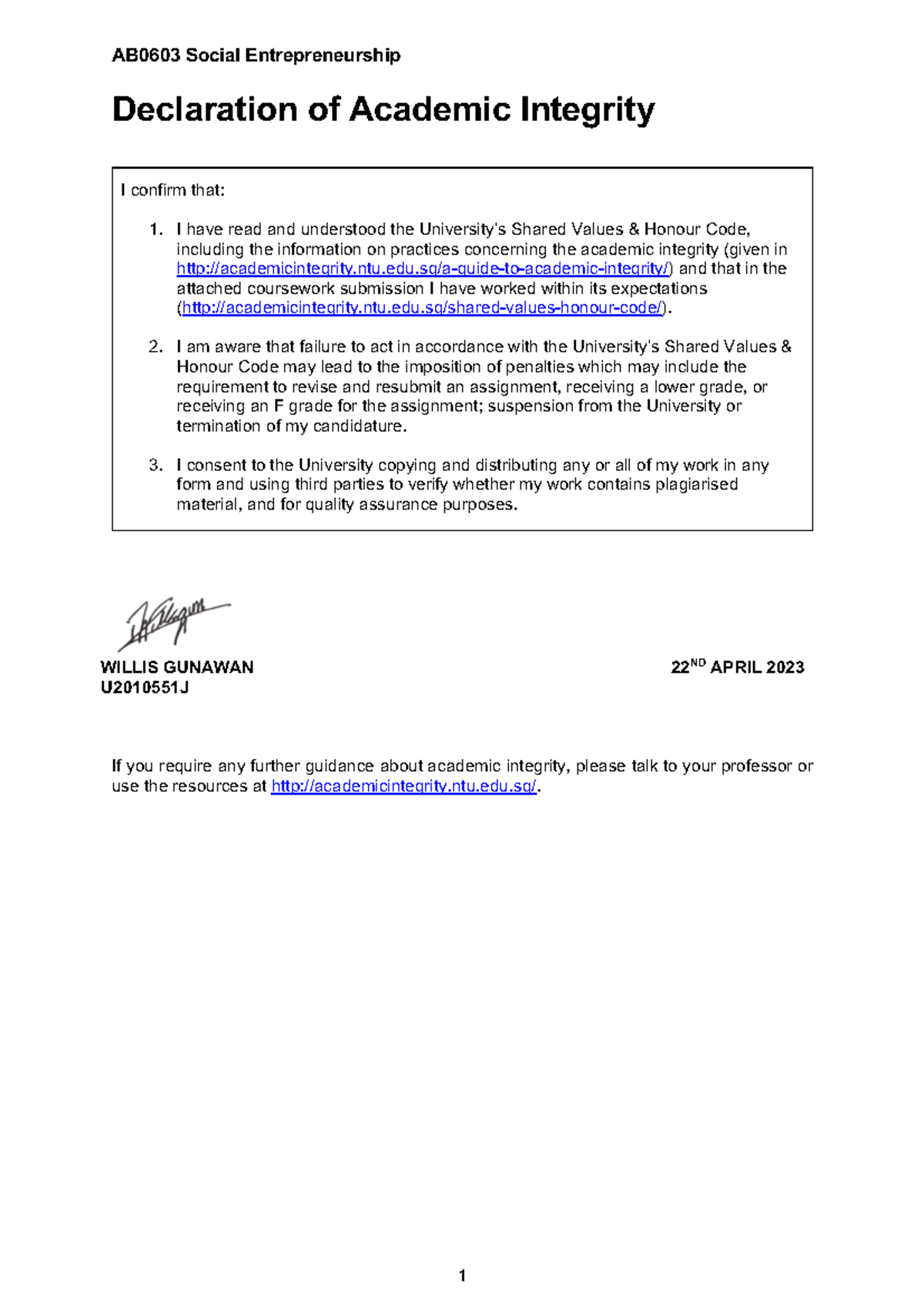 AB0603 Final Paper - Declaration of Academic Integrity I confirm that: I have read and ...