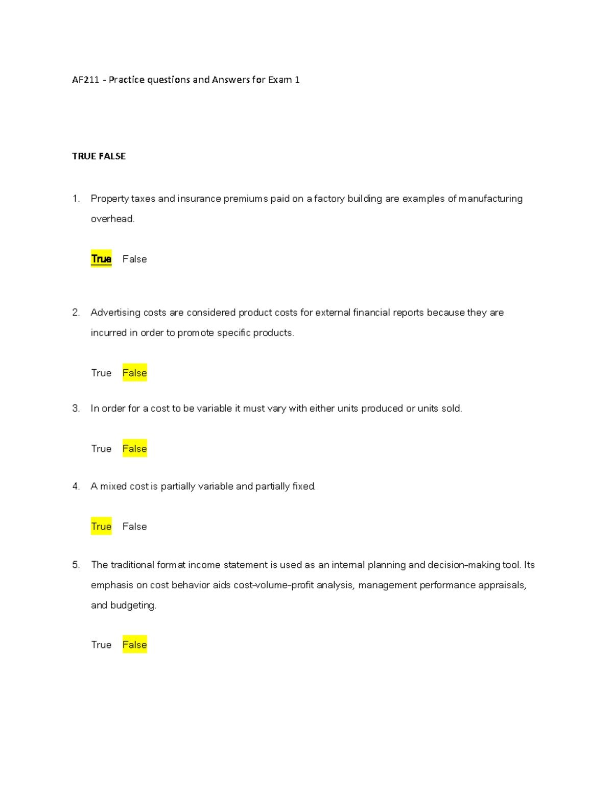 AF 211 Practice Questions and answers Exam 1 - Accounting - UNI - Studocu