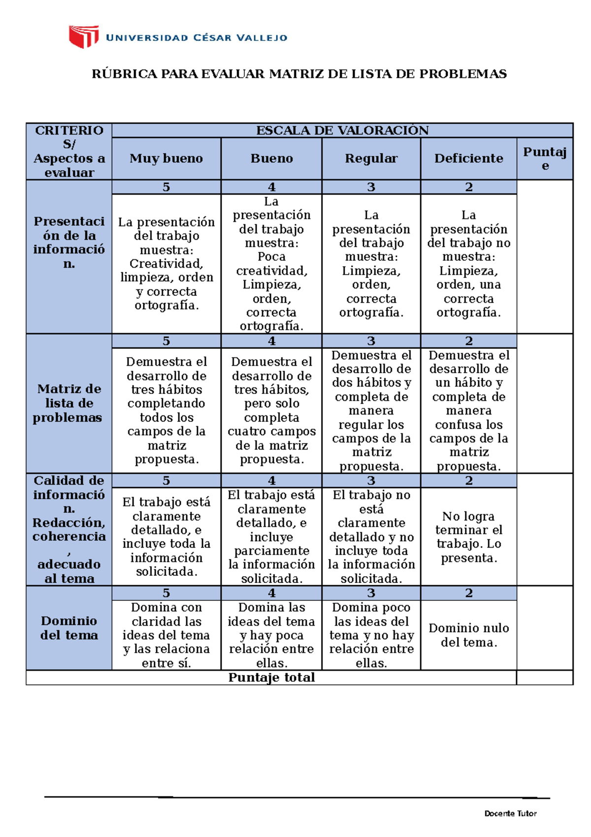 3° Rúbrica 02 Matriz Lista DE Problemas - RÚBRICA PARA EVALUAR MATRIZ ...