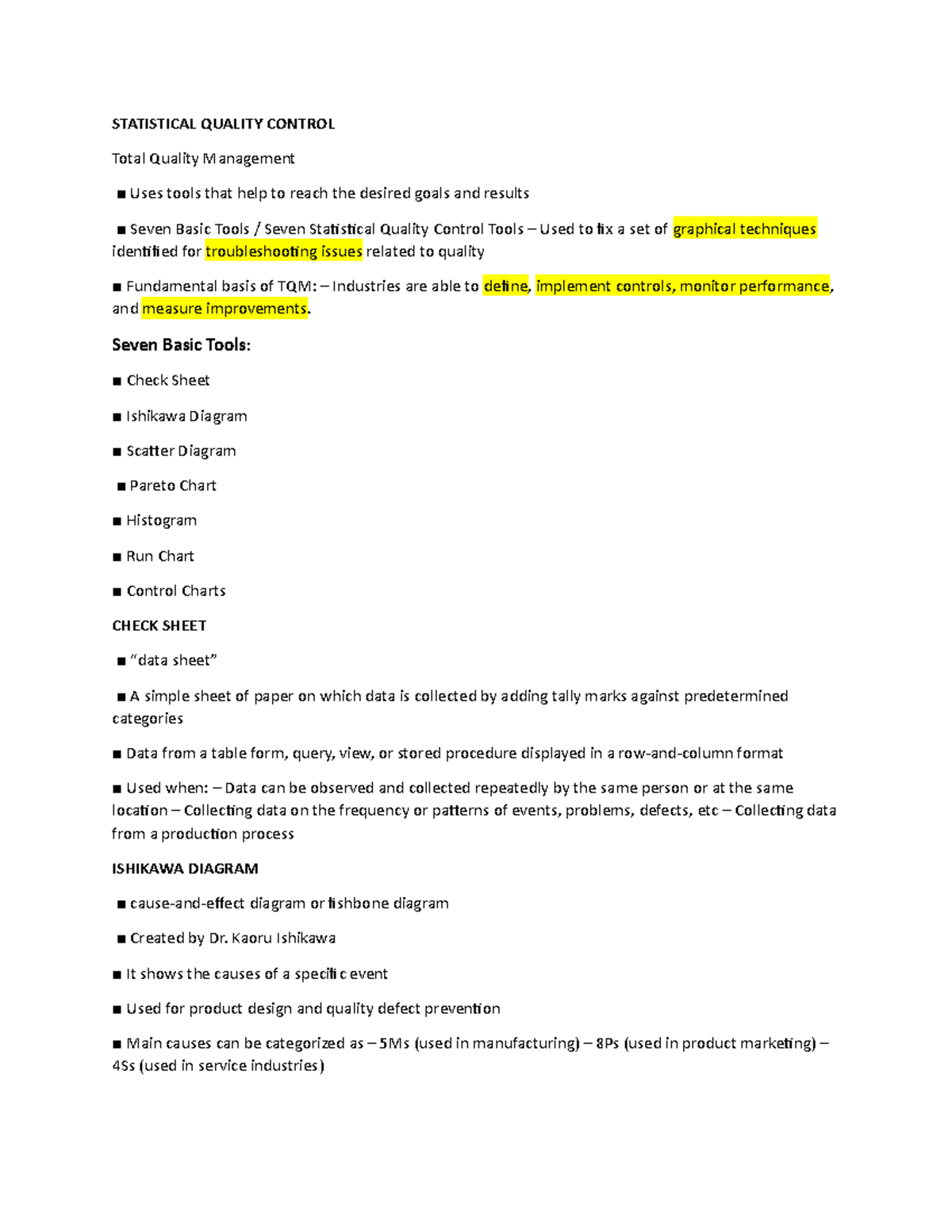 Statistical- Quality- Control - Seven Basic Tools: Check Sheet Ishikawa ...