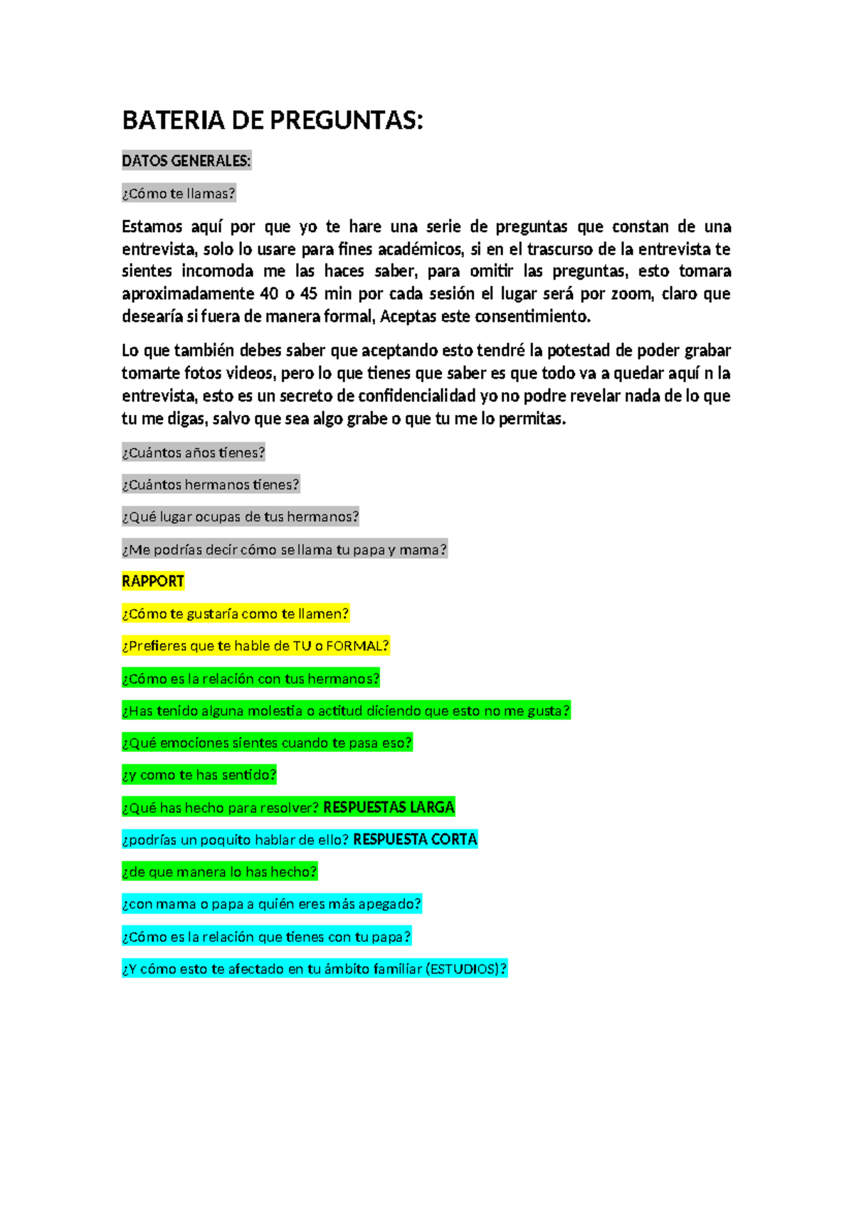 Bateria DE Preguntas - BATERIA DE PREGUNTAS: DATOS GENERALES: ¿Cómo te llamas? Estamos aquí por ...