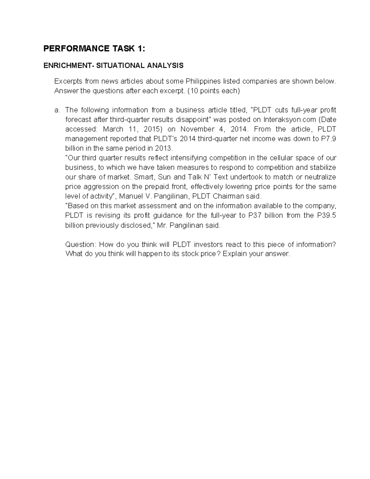 Performance TASK 1 Mini Case - PERFORMANCE TASK 1: ENRICHMENT ...