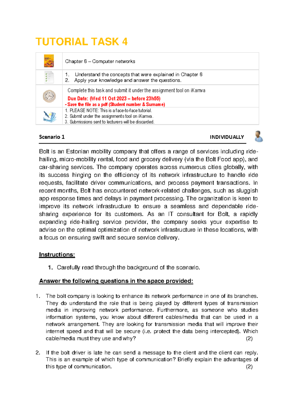 IFS tut 4 - English - TUTORIAL TASK 4 Chapter 6 – Computer networks 1. Understand the concepts ...