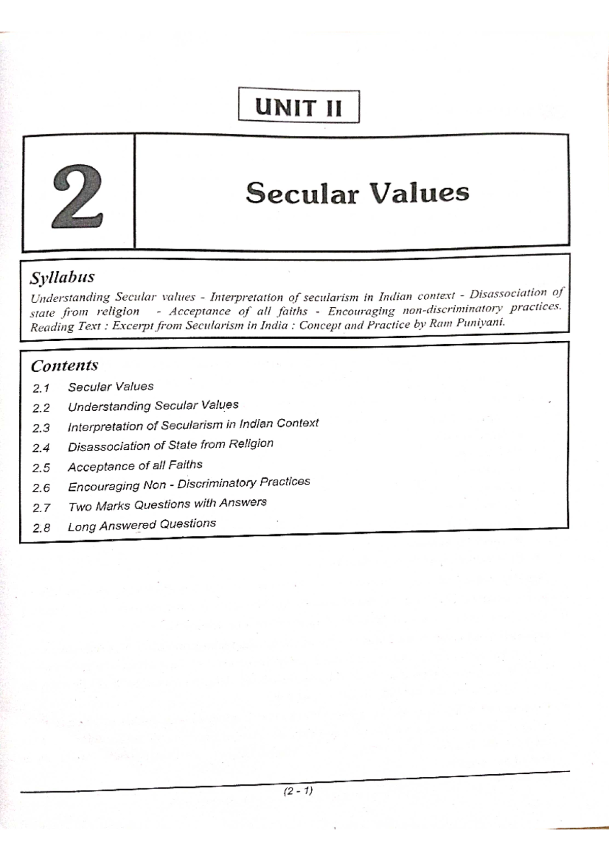 Unit 2 - Study material - UNIT II 2 Secular Values Syllabus ...
