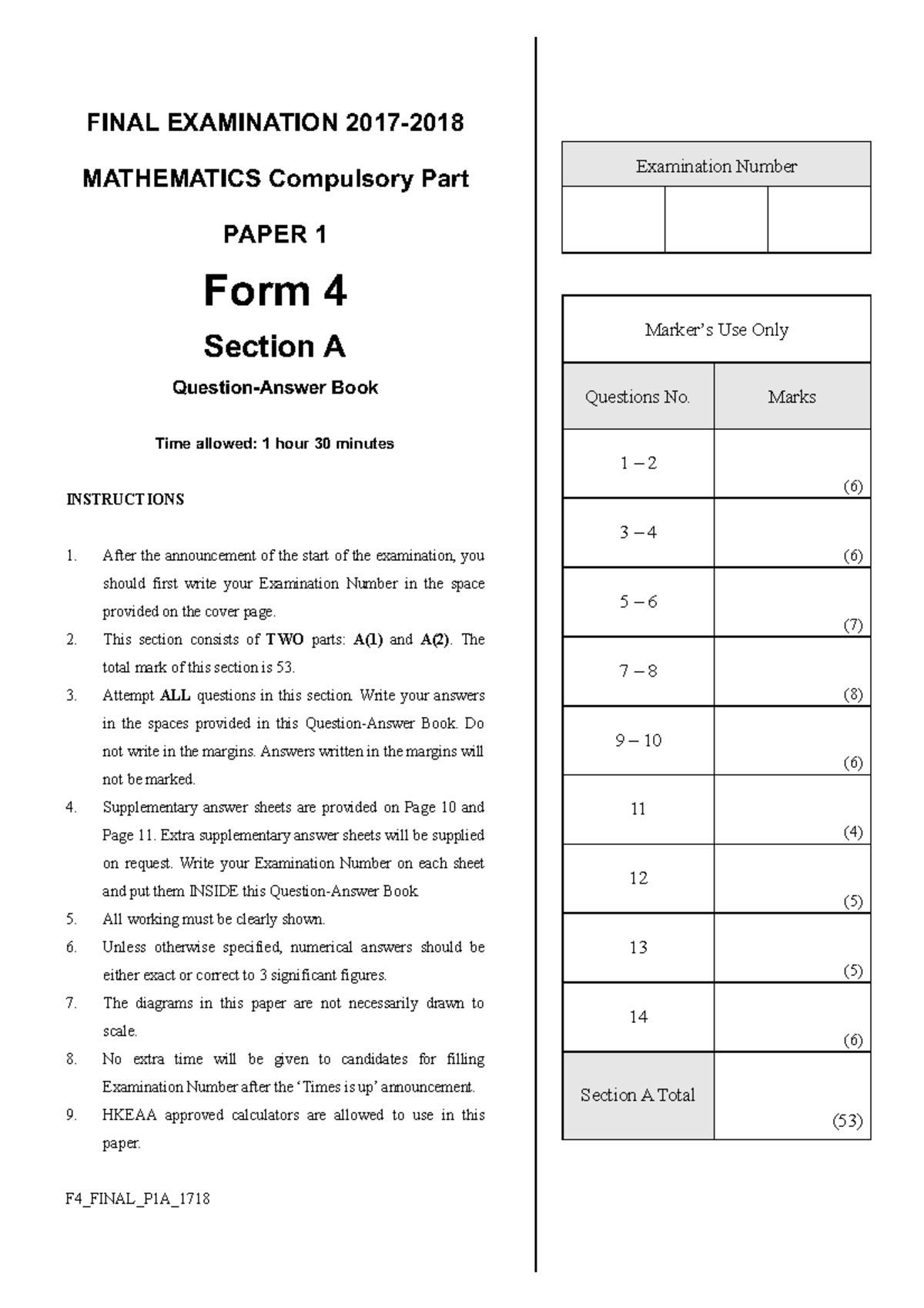 La Salle 2017-2018 Final Exam F4 Math - ####### FINAL EXAMINATION 2017 ...