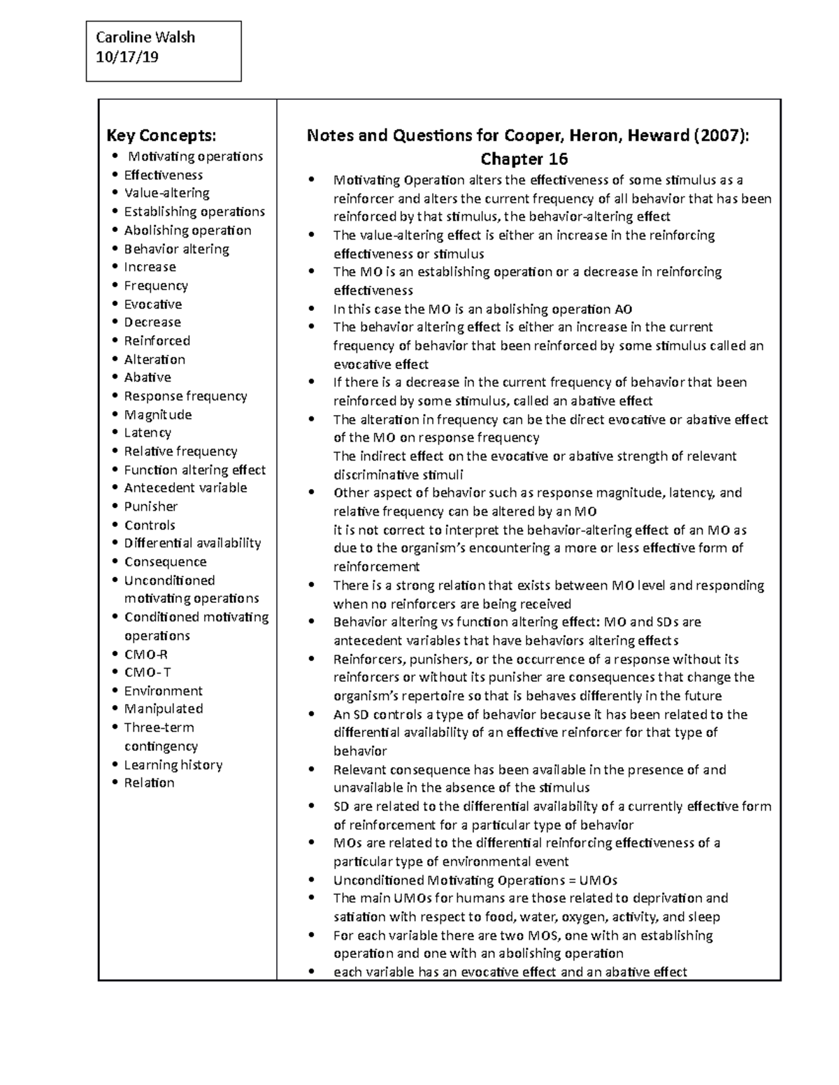 Notes 8 - Key Concepts: Motivating operations Effectiveness Value ...