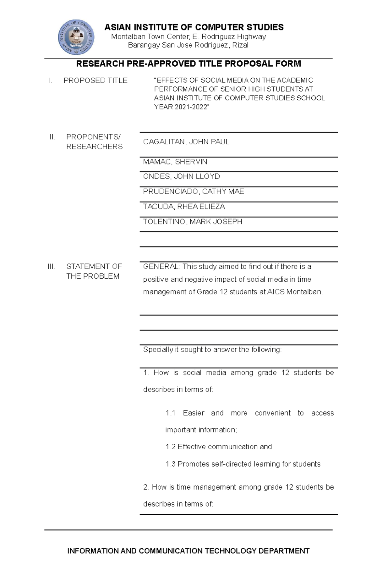 Practical- Research-2-IC2MC- Group-6 - Montalban Town Center, E ...