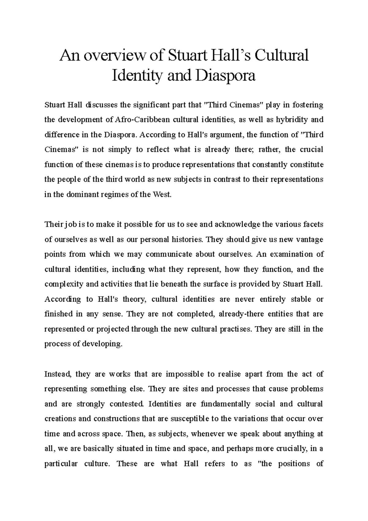 An overview of Stuart Hall’s Cultural Identity and Diaspora - An ...