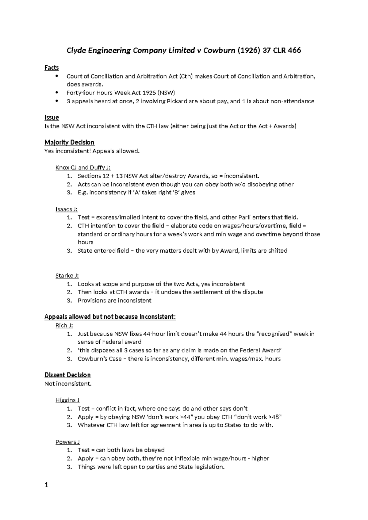 1. Clyde Case Note - Clyde Engineering Company Limited v Cowburn (1926 ...