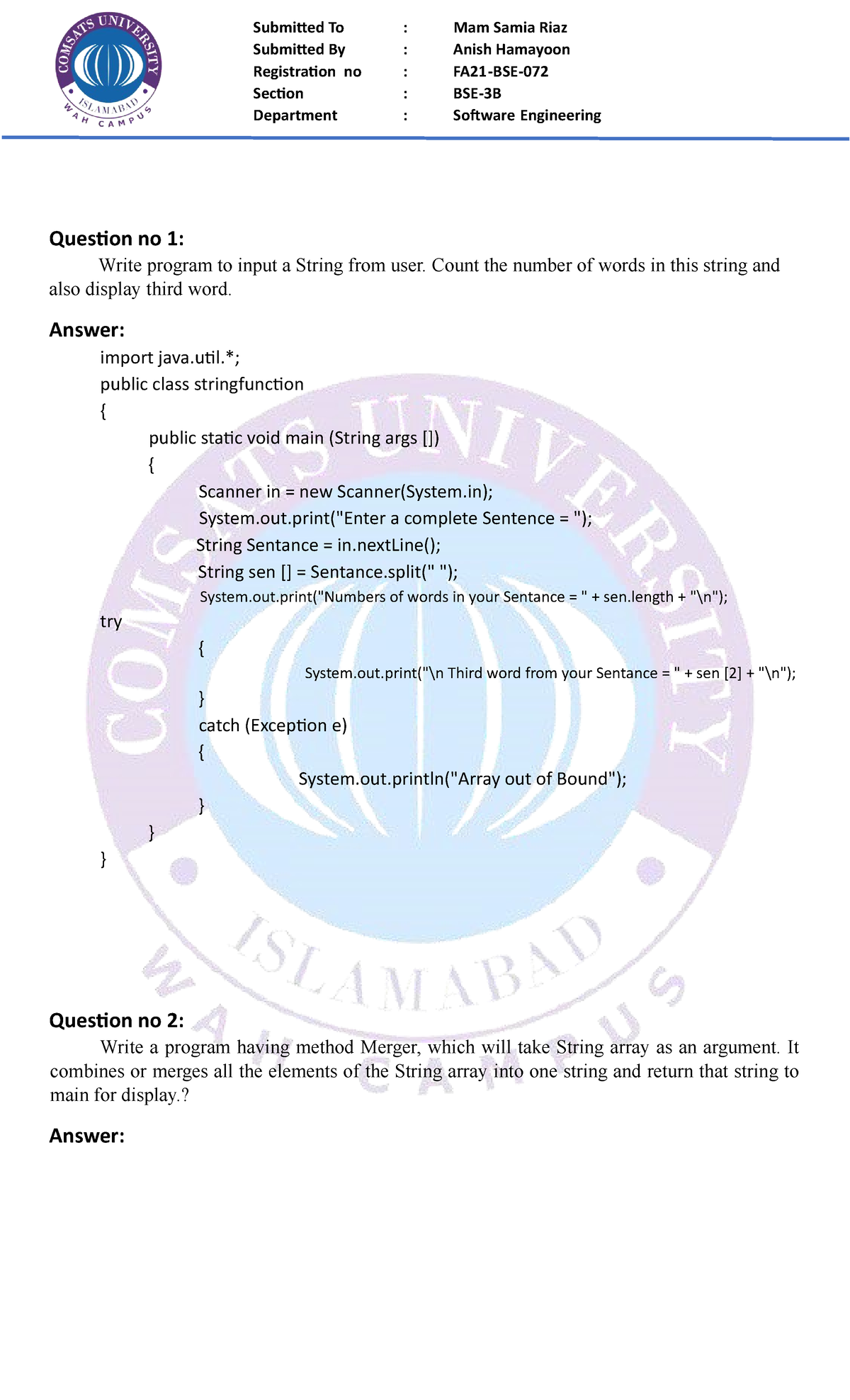 Assignment Oop Submitted To Mam Samia Riaz Submitted By Anish Hamayoon Registration No