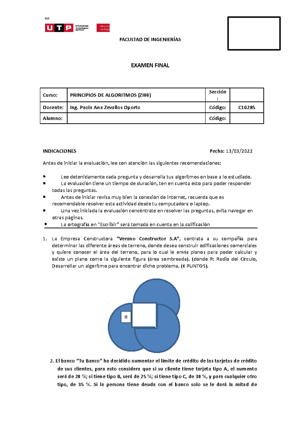 EF Principios DE Algoritmos - FACULTAD DE INGENIERÍAS EXAMEN FINAL Curso: PRINCIPIOS DE ...