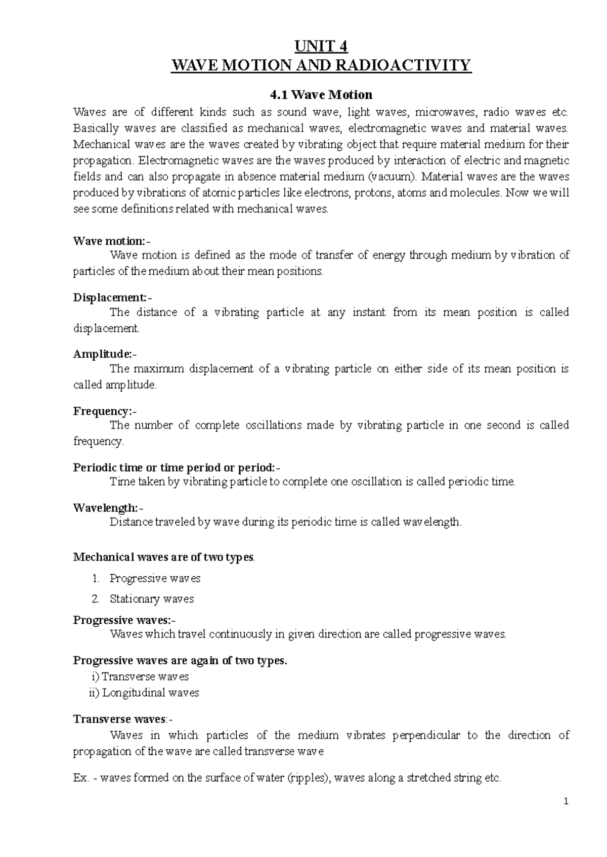 Physics notes studying - UNIT 4 WAVE MOTION AND RADIOACTIVITY 4 Wave ...
