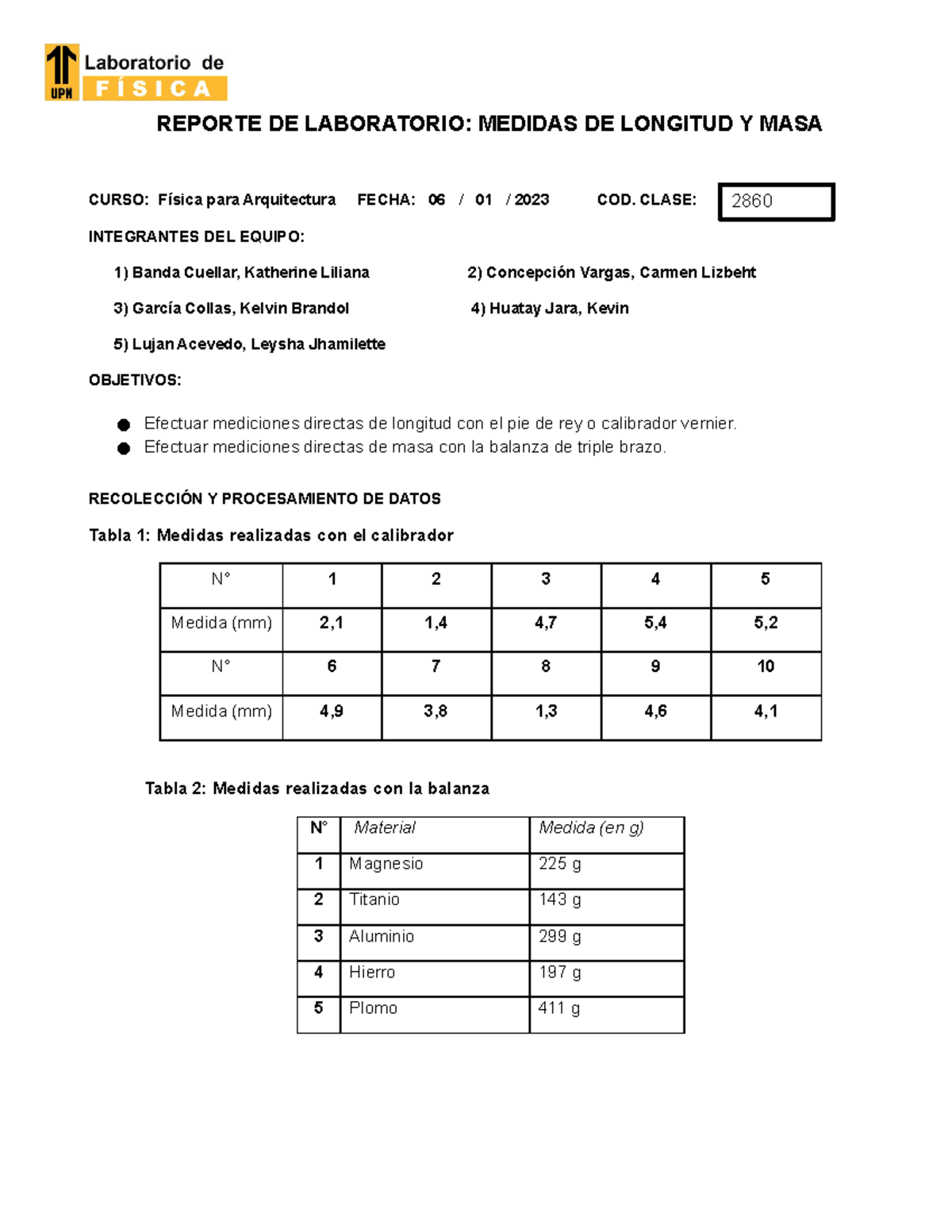 Reporte 1 Grupo 4 - LABORATORIO R1 - REPORTE DE LABORATORIO: MEDIDAS DE ...