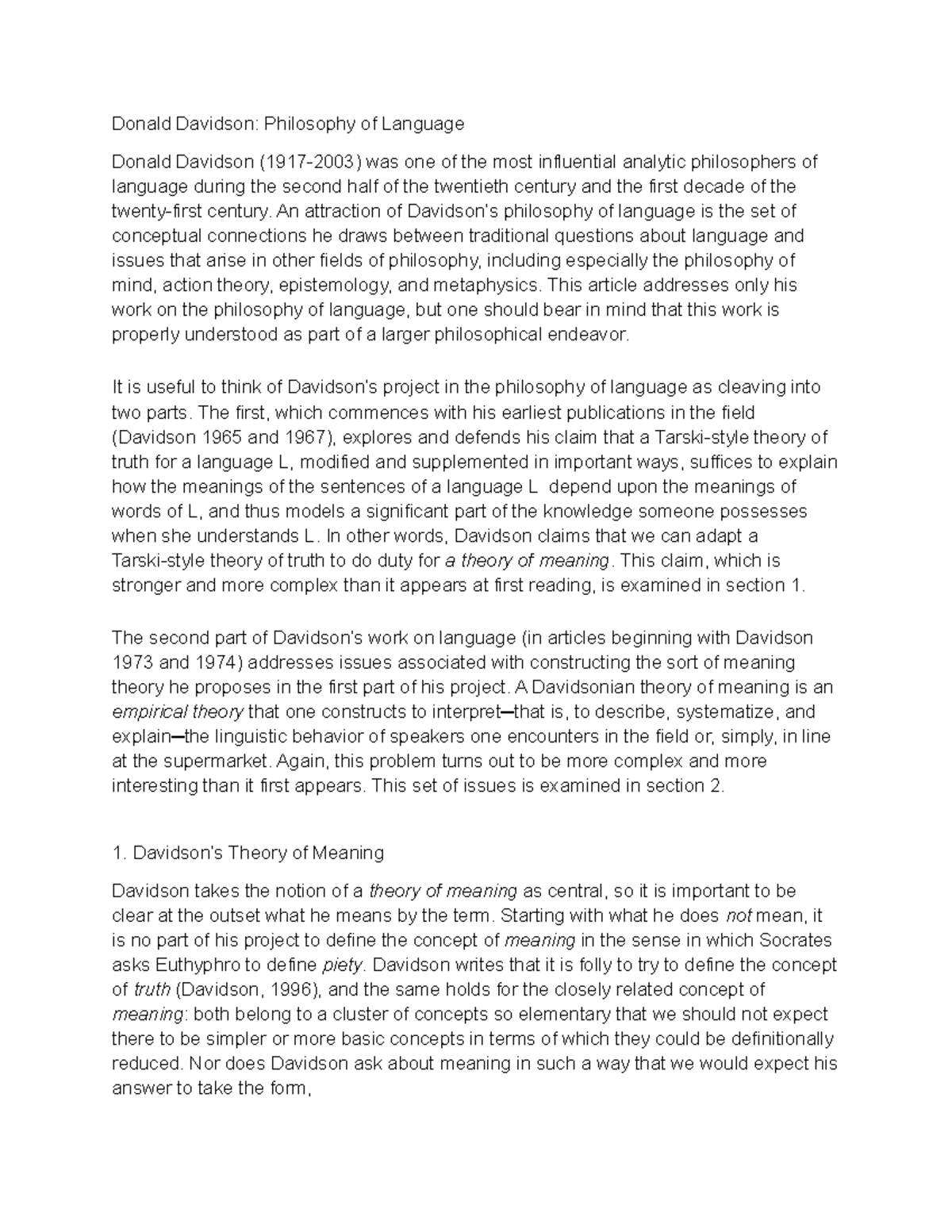 Phil of Law Notes Assignment Summary #13 - Donald Davidson: Philosophy ...