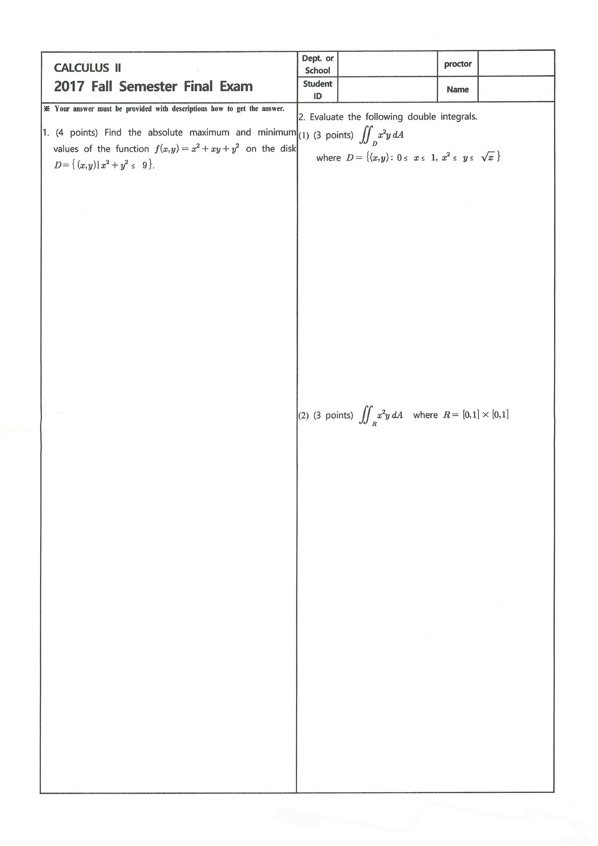 2017 final exam - Dept. or CALCULUS II proctor School 2017 Fall ...