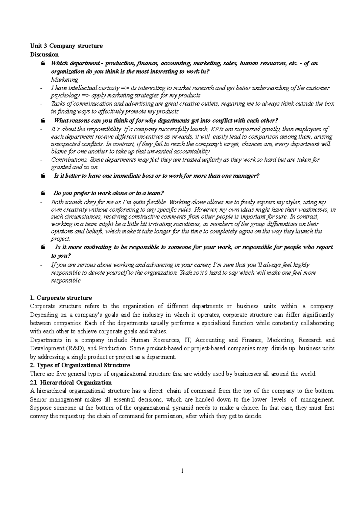 Unit 3 Company structure - 1 Unit 3 Company structure Discussion Which ...