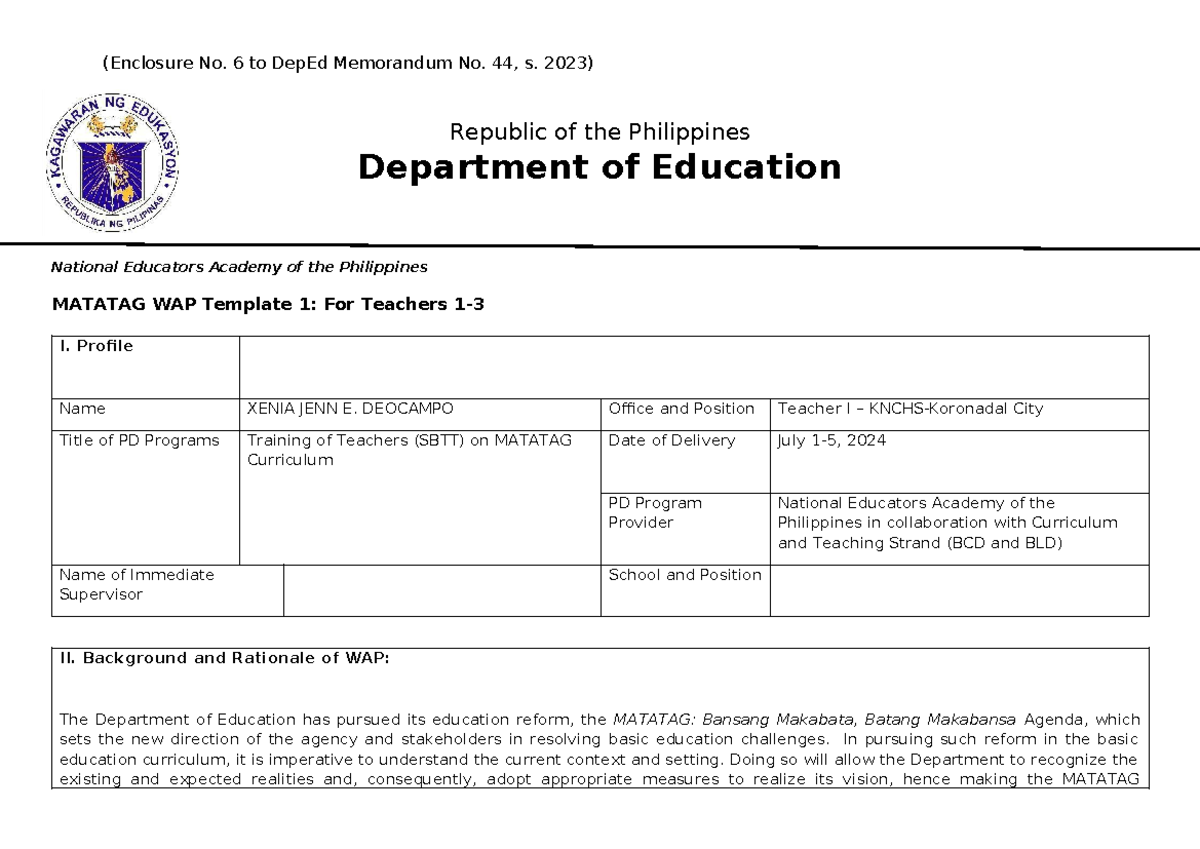 Sample Matatag WAP For Teachers - (Enclosure No. 6 to DepEd Memorandum ...