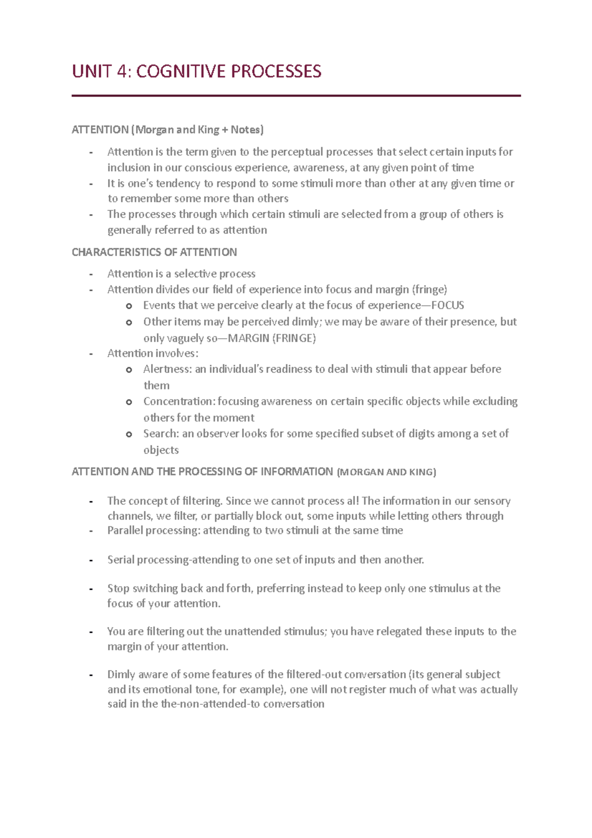 Cognitive Processes - UNIT 4: COGNITIVE PROCESSES ATTENTION (Morgan and ...
