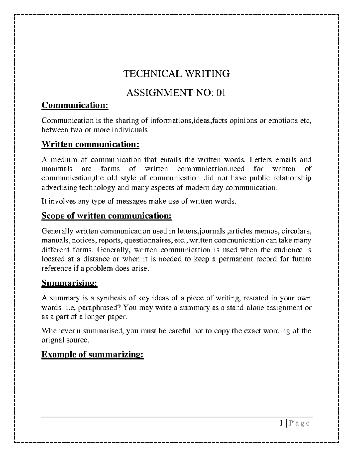 Technical writing - not any - TECHNICAL WRITING ASSIGNMENT NO: 01 ...