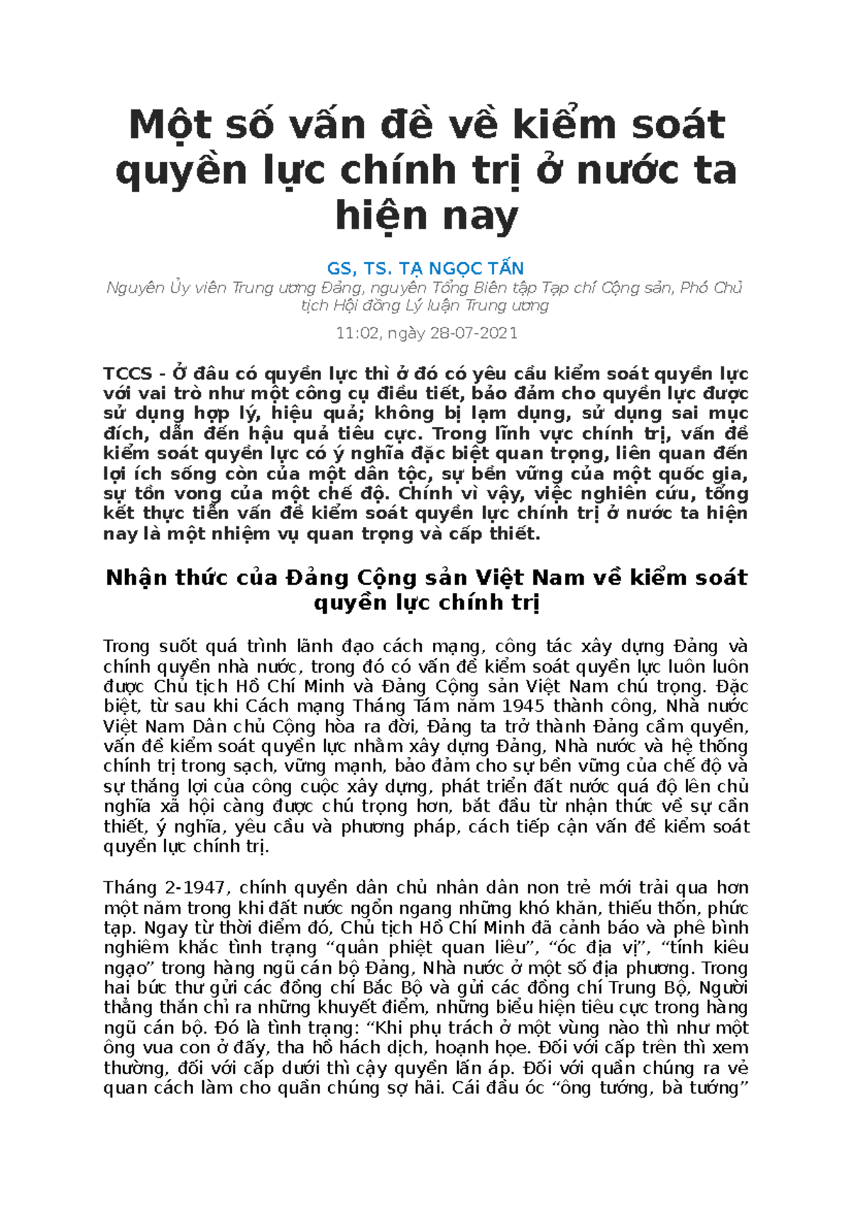 Một số vấn đề về kiểm soát quyền lực chính trị ở nước ta hiện nay - TẠ ...