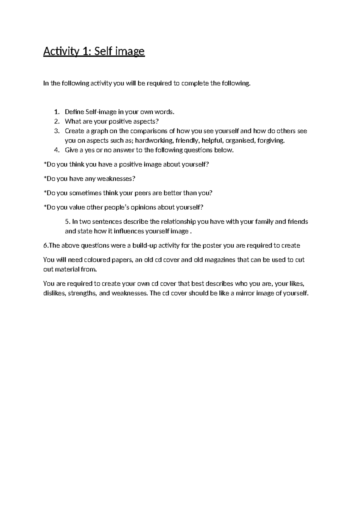 Activity 1 Self image - Summary Life Skills Physical Education ...