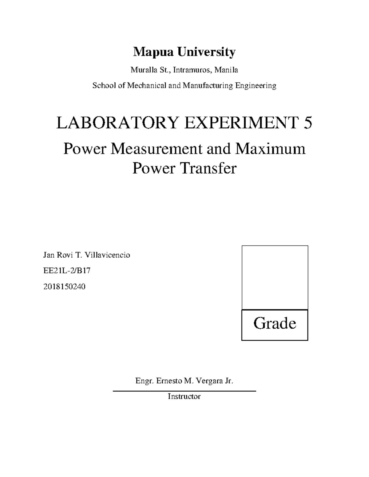 EE21L-2 Lab report - Mapua University Muralla St., Intramuros, Manila ...