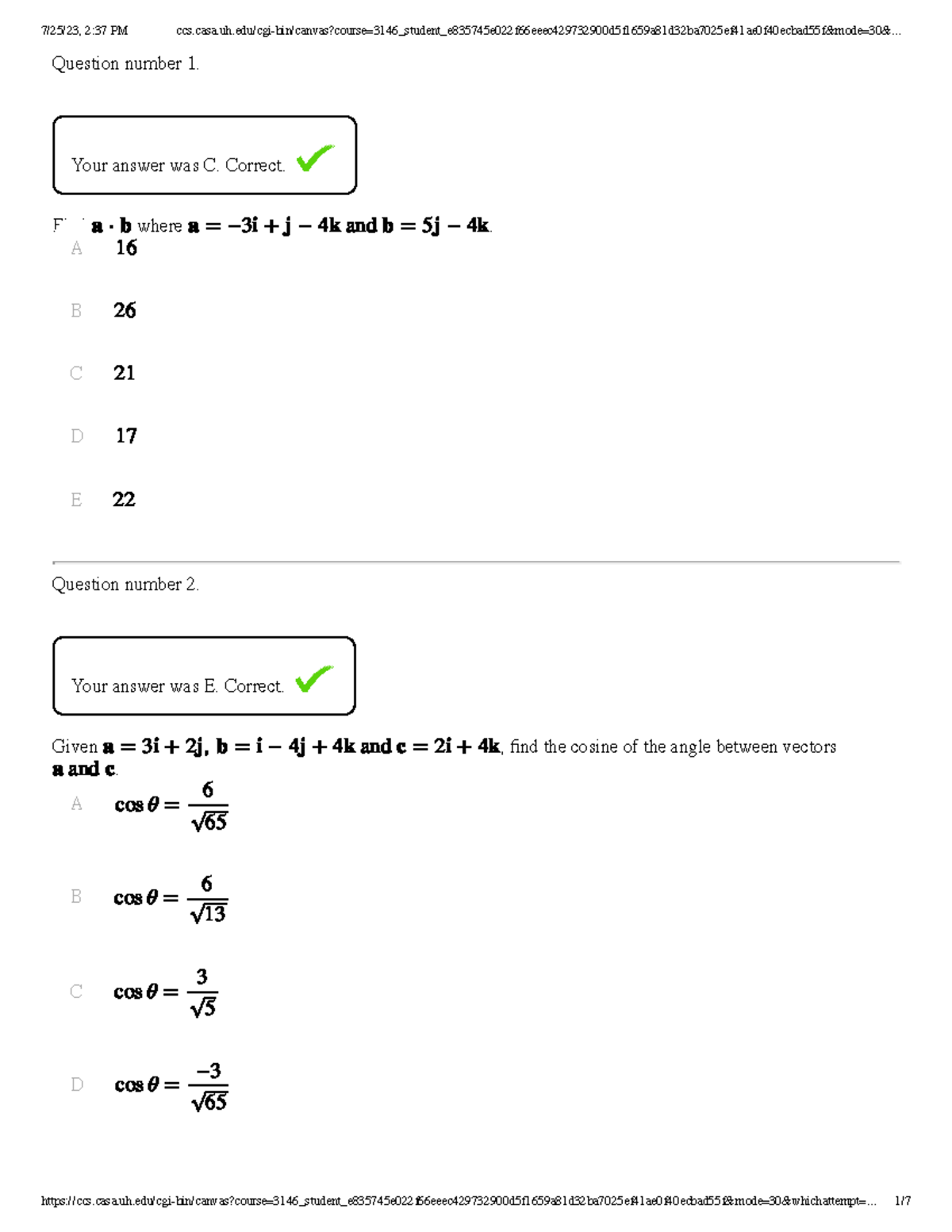 MATH 2415 Quiz 2 - Sections 11.3-4 - Question number 1. Your answer was ...