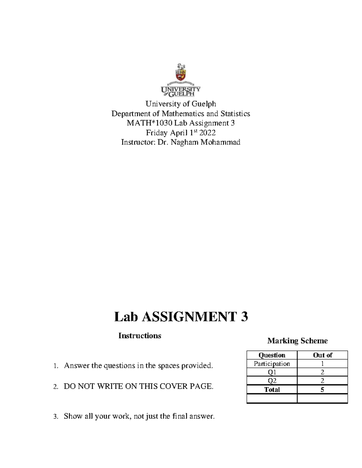 Lab Assignment 3 With Solutions University Of Guelph Department Of Mathematics And