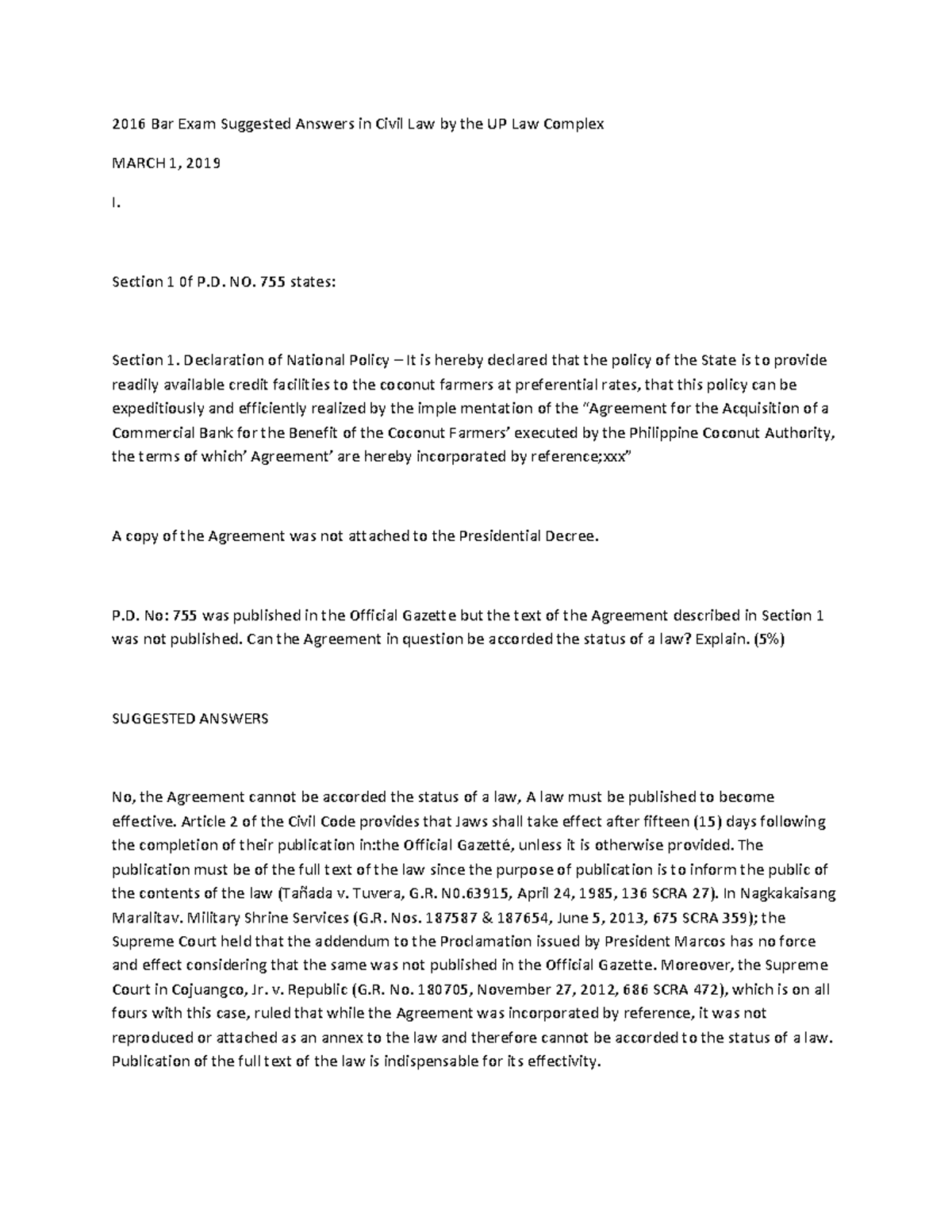 Toaz Bar Exam For 2016 Civil Law 2016 Bar Exam Suggested Answers In