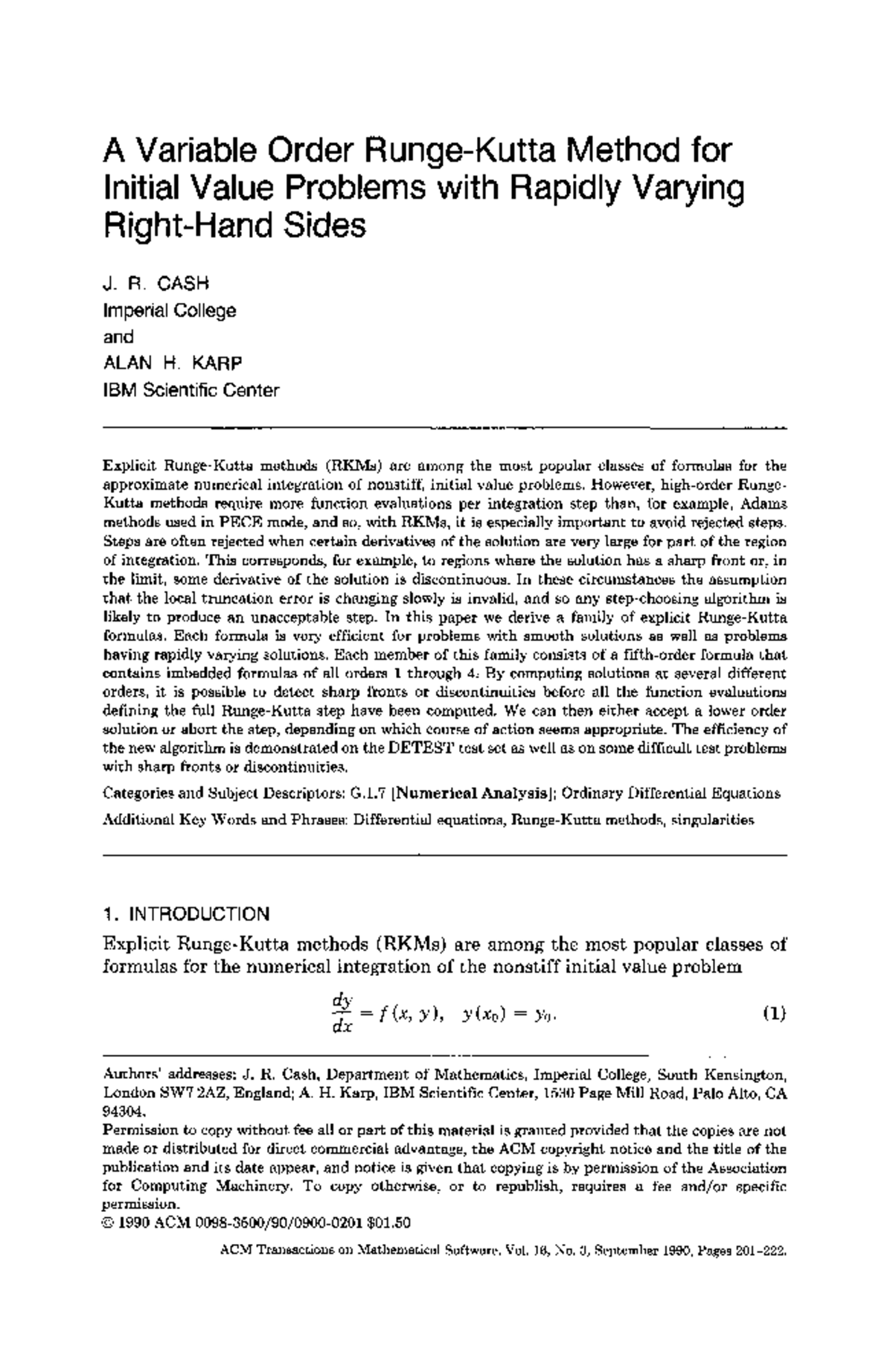 Cash1990 - Método Runge Kutta - A Variable Order Runge-Kutta Method for Initial Value Problems ...
