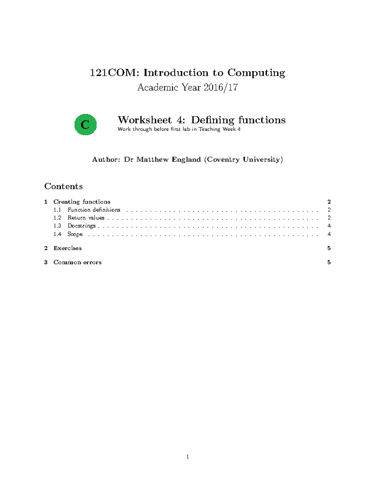 Worksheet 4 - 121COM: Introduction to Computing Academic Year 2016/ Worksheet 4: Defining ...