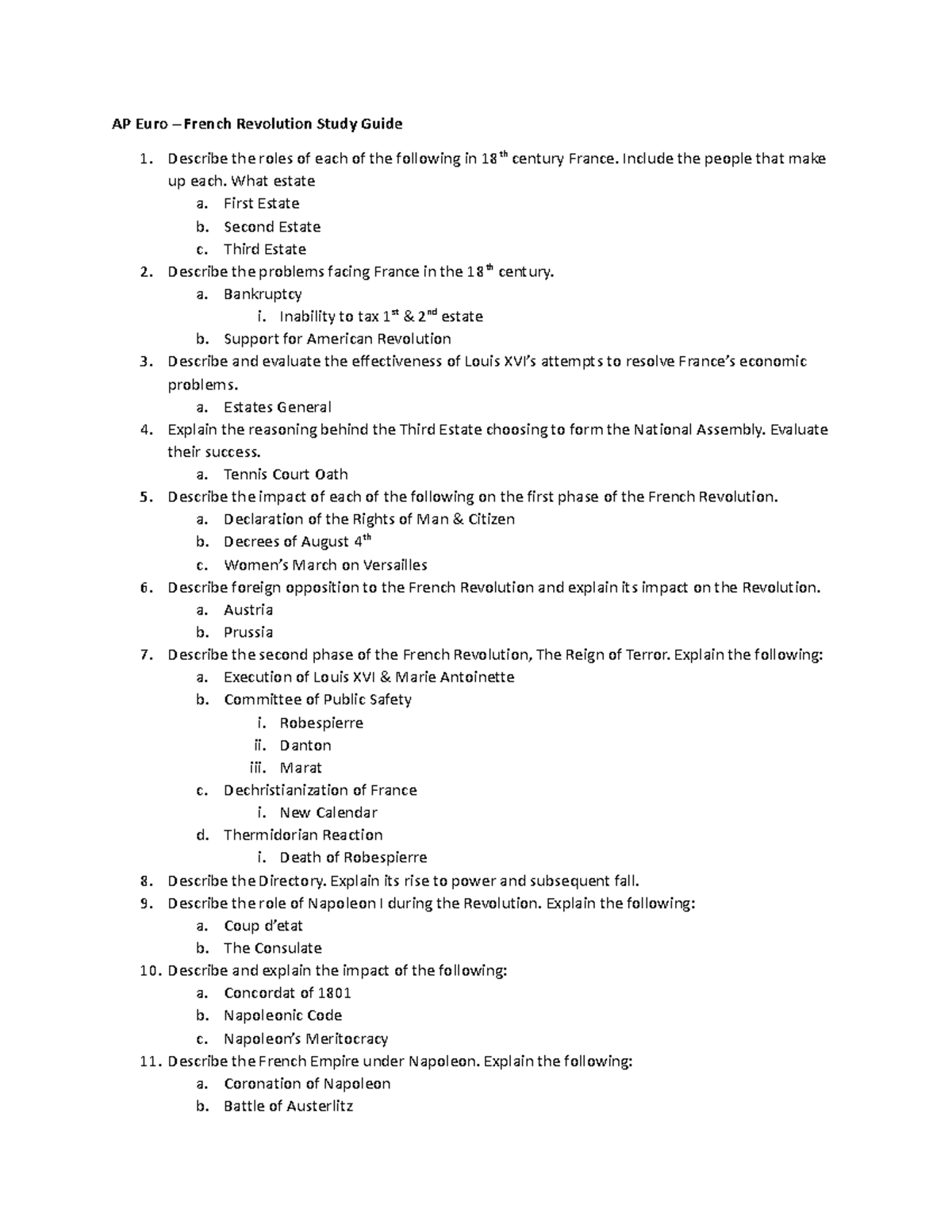 AP Euro French Revolution Study Guide - AP Euro – French Revolution ...