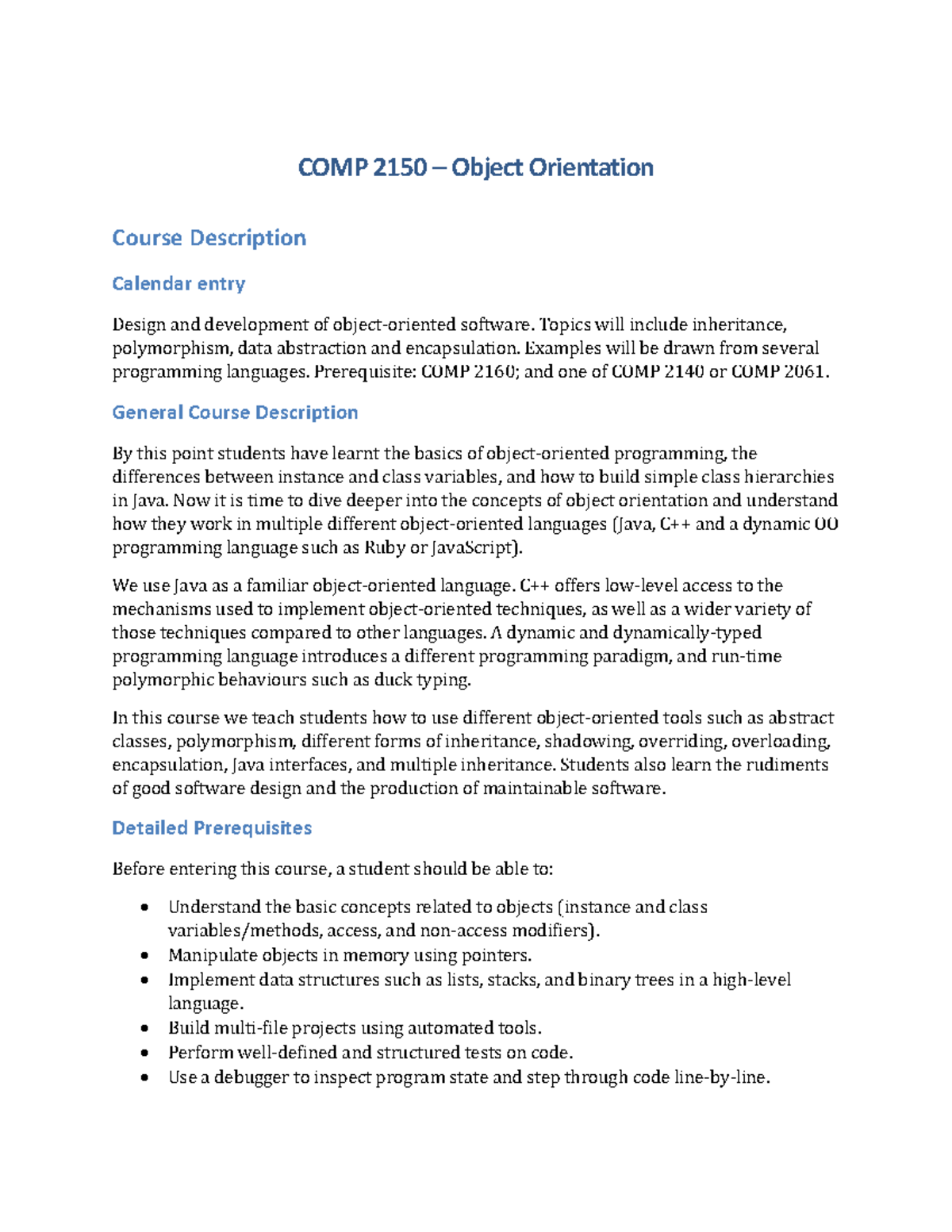 Comp-2150 - Jdjdis - COMP 2150 – Object Orientation Course Description ...