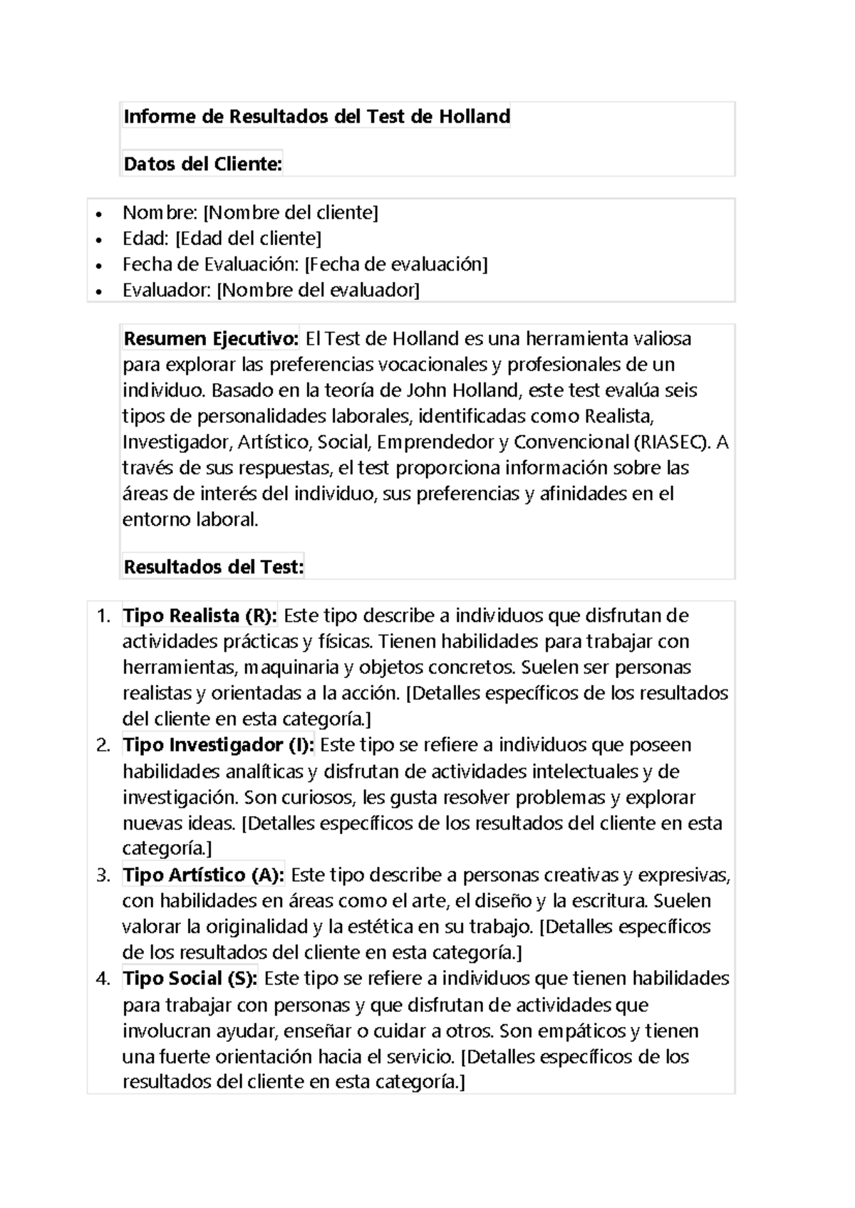 R Esumen TEST DE Holland - Informe de Resultados del Test de Holland ...