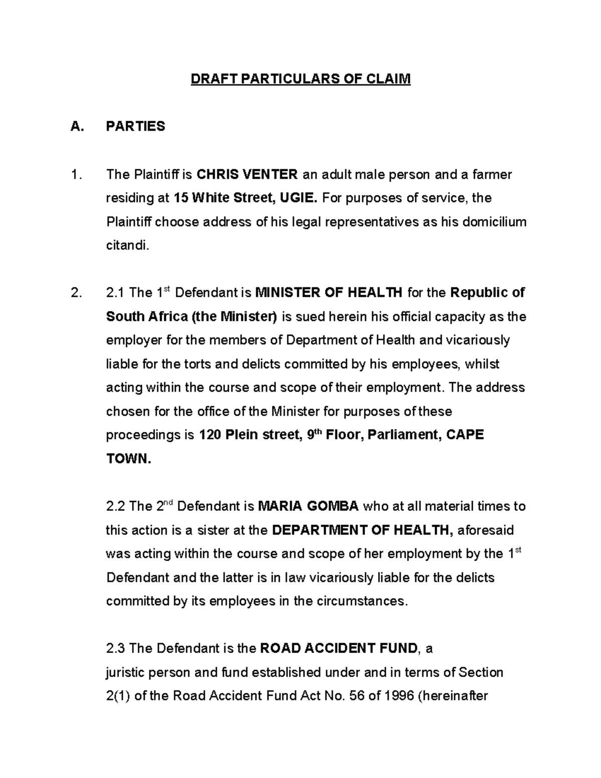 POC Venter Collision - Particulars of Claim - DRAFT PARTICULARS OF ...