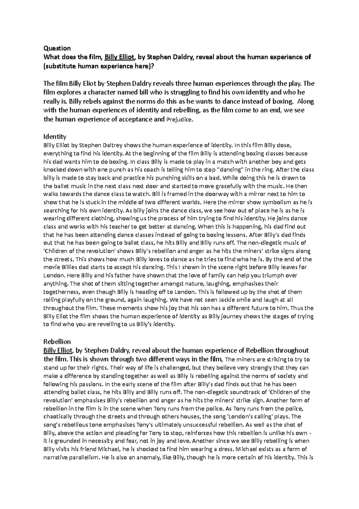 Billy Elito Prac Essay - hjlhjhkjhkjhkjhk - Question What does the film ...