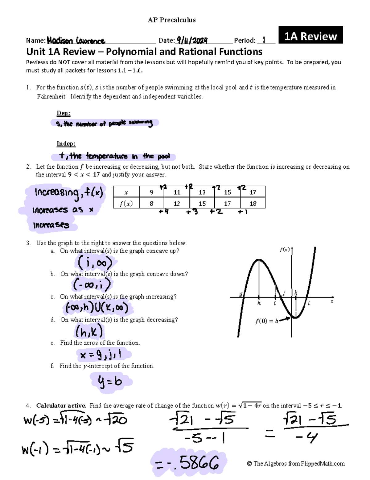 Unit 1a review - © The Algebros from FlippedMath Name ...