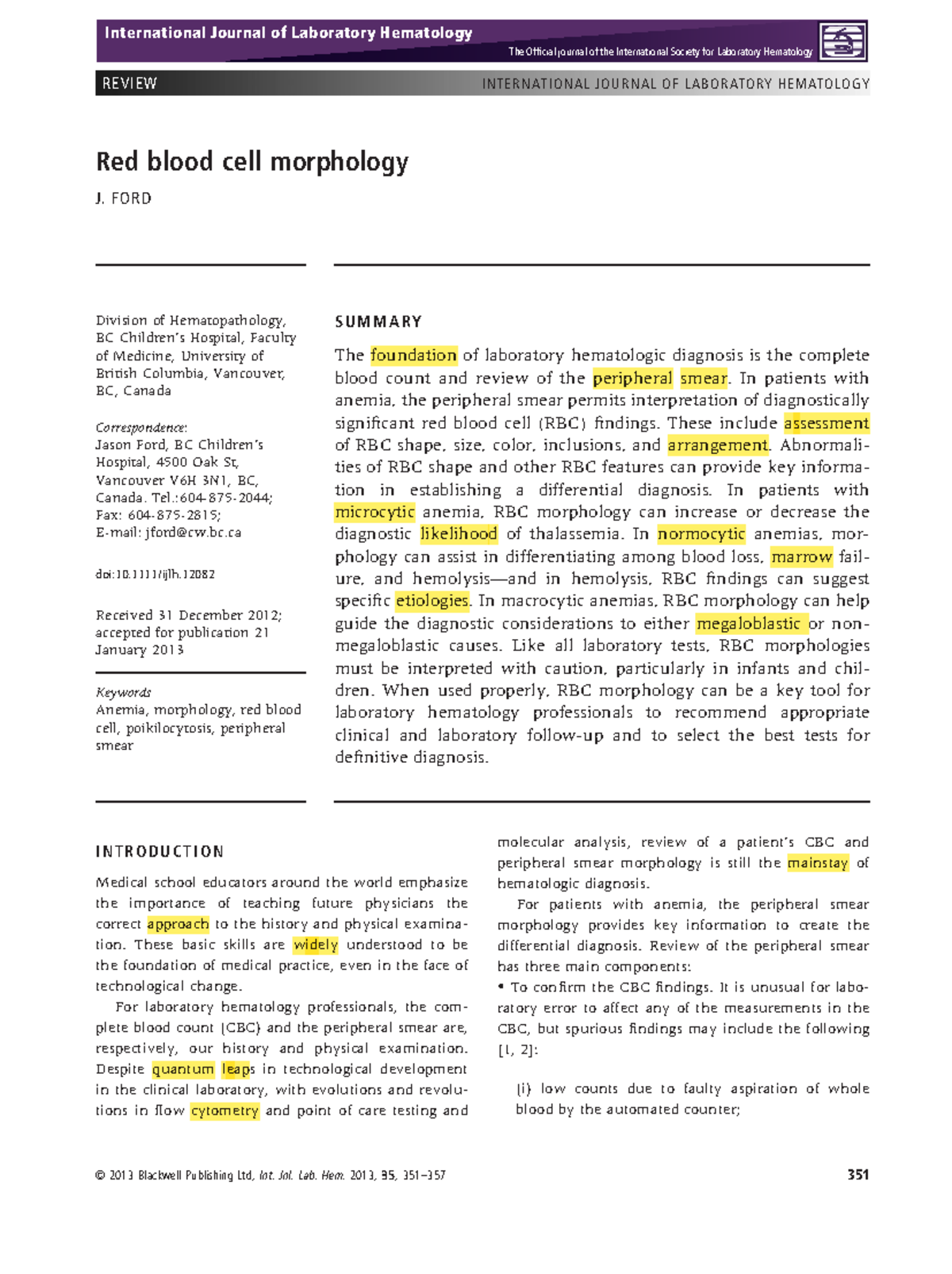 Red blood cell morphology subrayado - Red blood cell morphology J. FORD ...